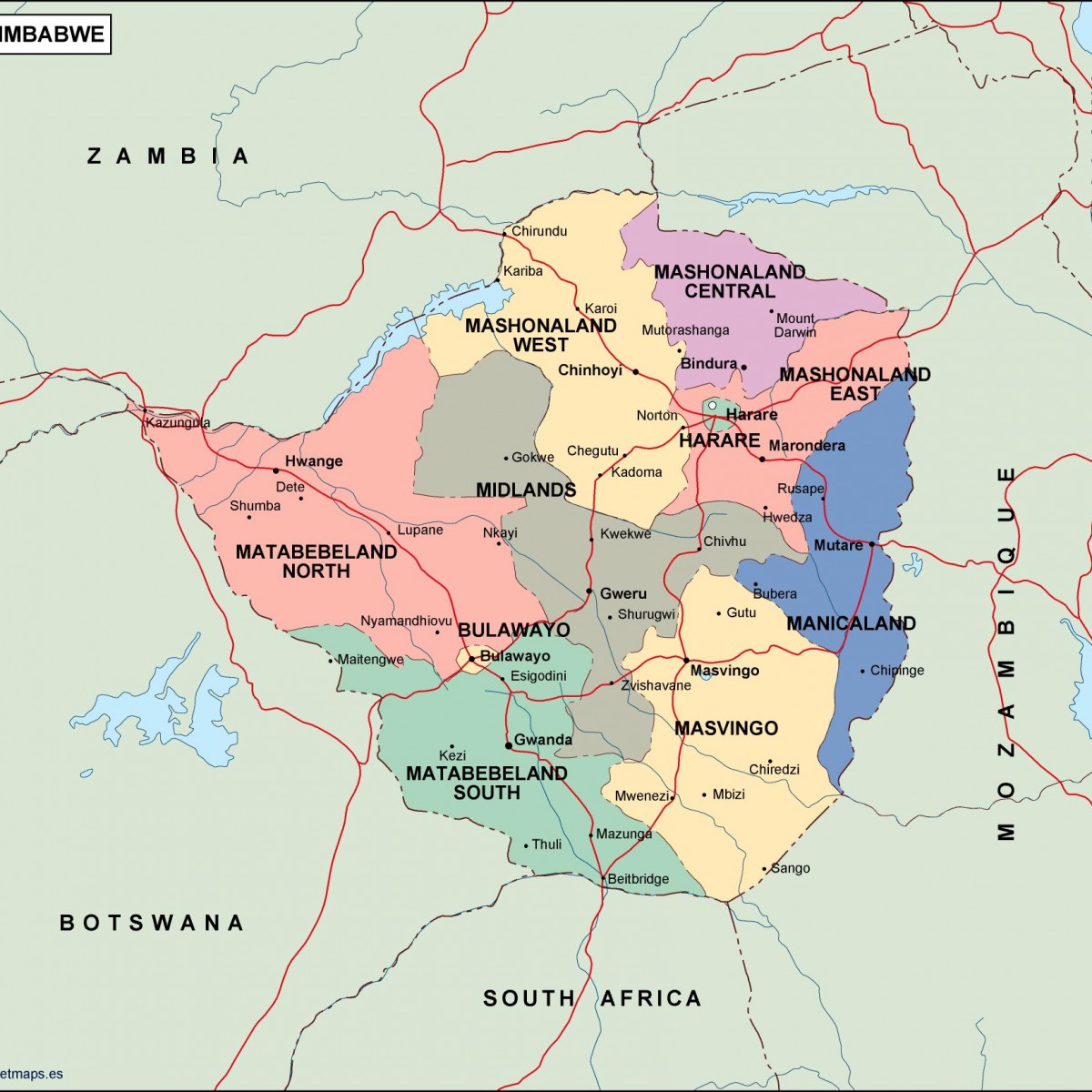 Zimbabwe Vector EPS maps | Vector maps files Illustrator to download